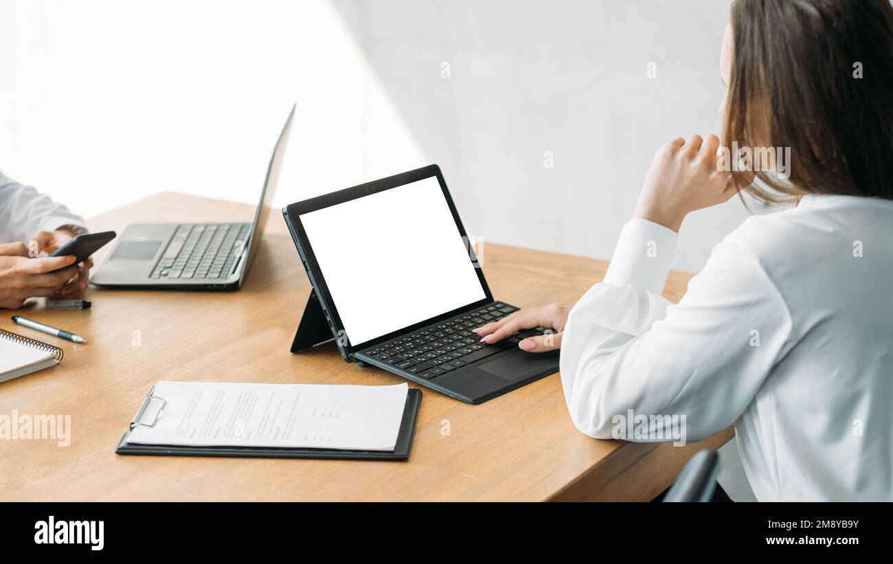 business office working woman computer mockup Stock Photo - Alamy