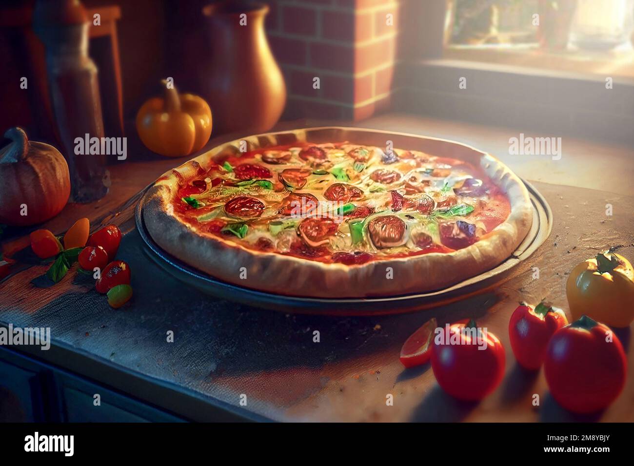 Pizza on the table near the window to Italy Rustic food still life ...