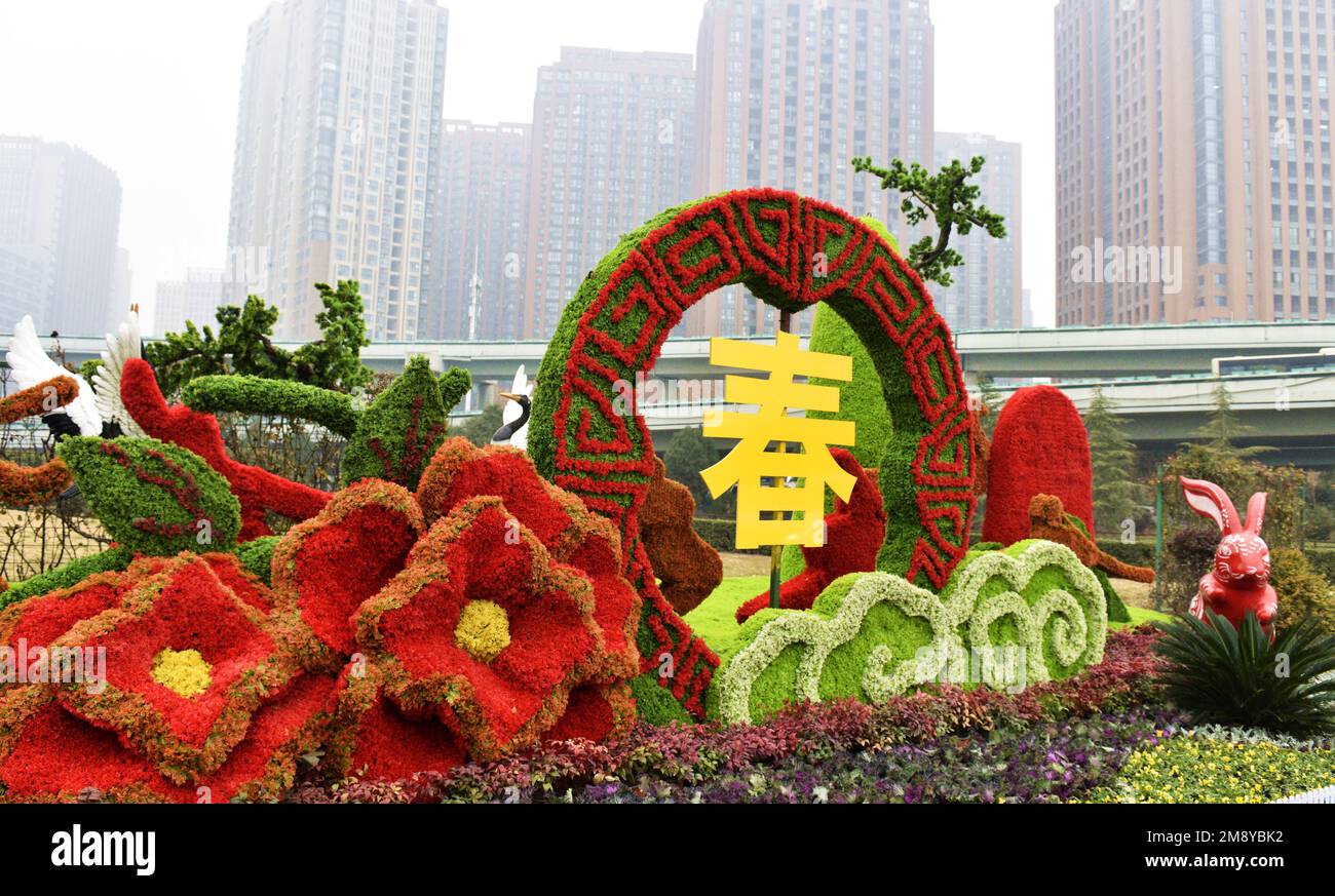 Spring festival decorations create festival vibes on the street in ...