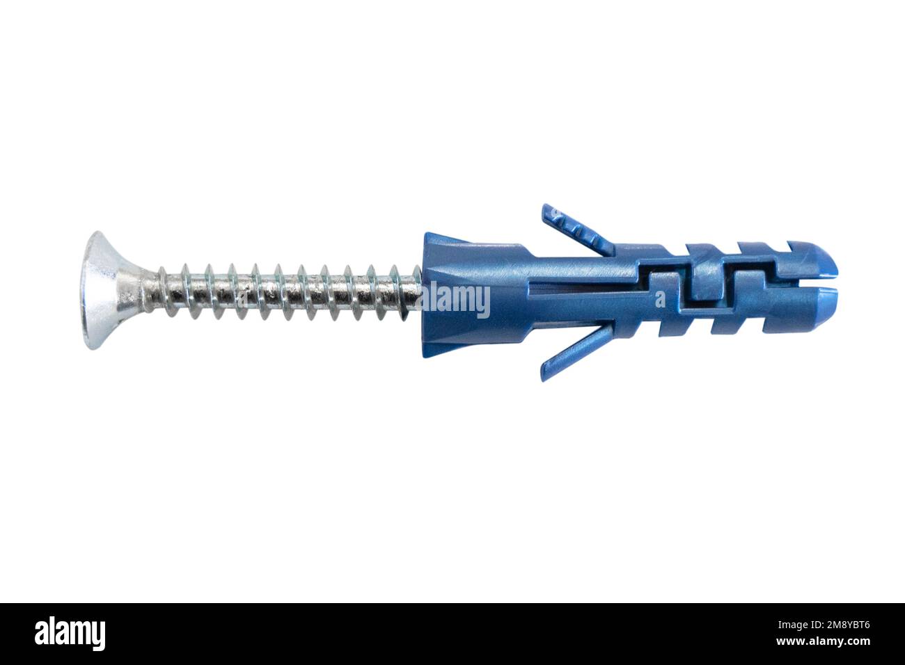 Macro shot blue plastic dowel and self-tapping screw isolated on white ...