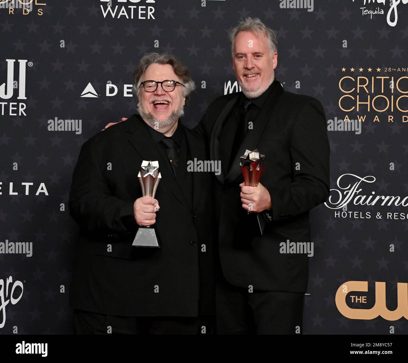 Los Angeles, USA. 15th Jan, 2023. Guillermo del Toro and Mark Gustafson in the pressroom at the ...