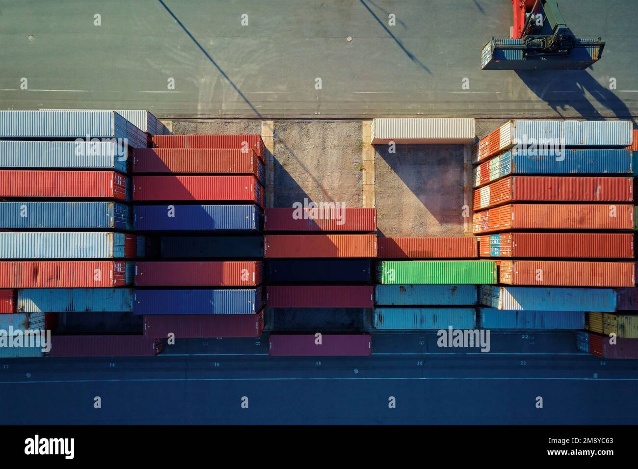Shipping containers in terminal, Unloading containers in warehouse on ...