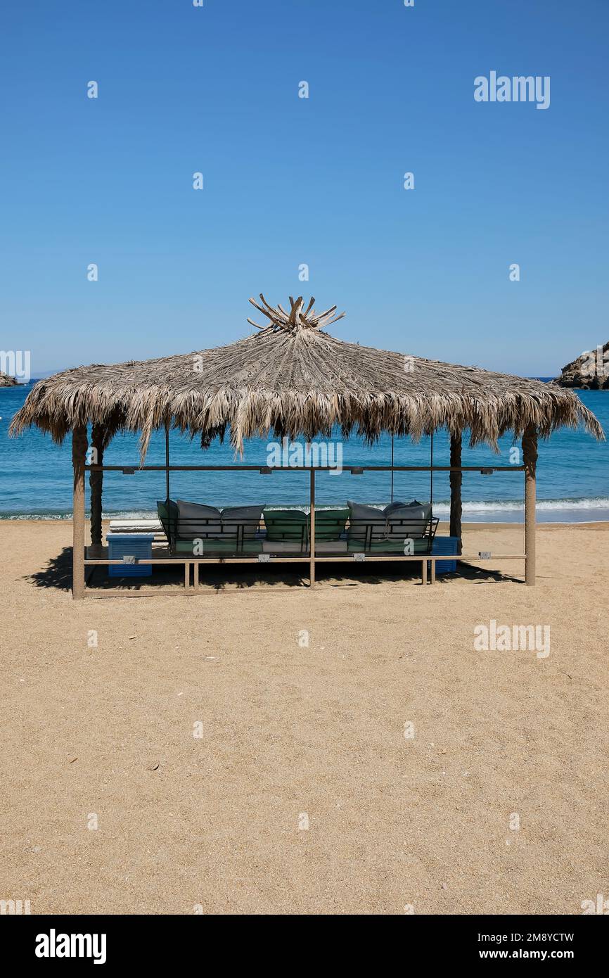 View of a giant luxury sun bed at the Papas beach in Ios Greece Stock ...