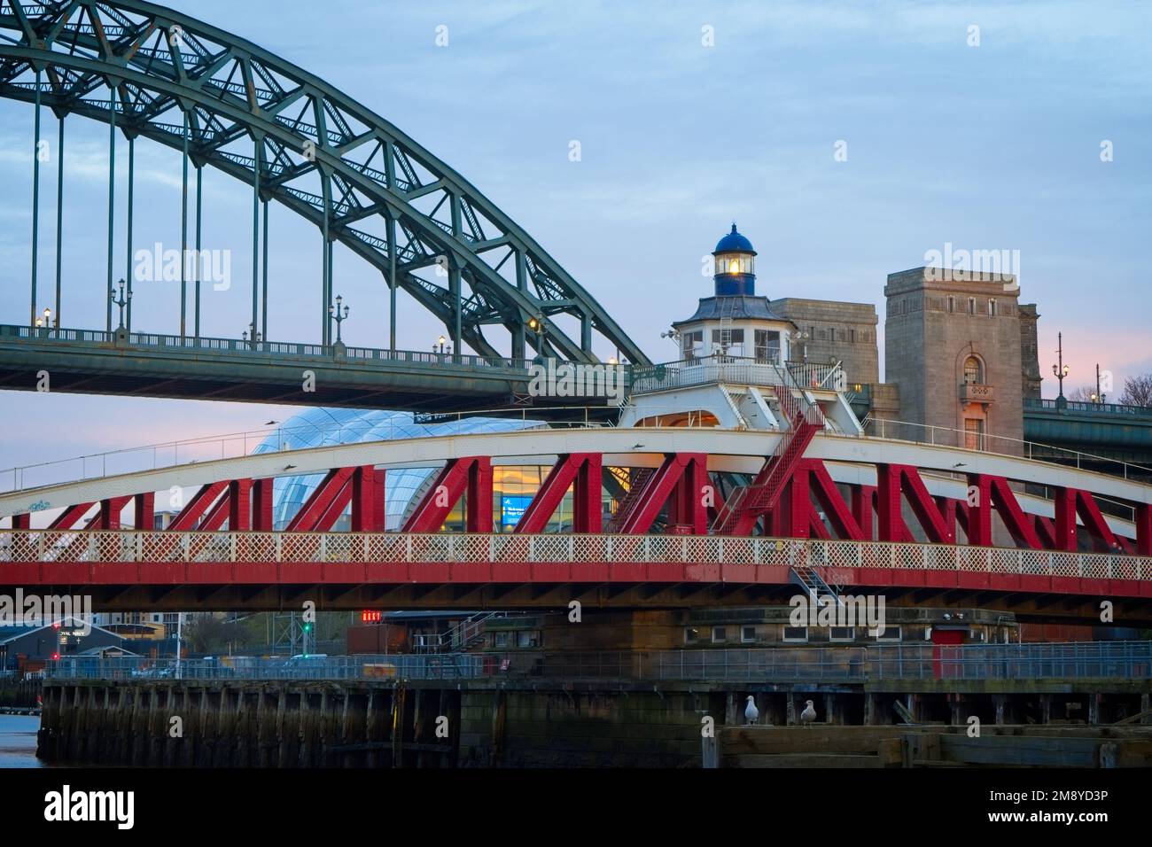 The Tyne and Swing Bridges spanning the River Tyne captured from the ...