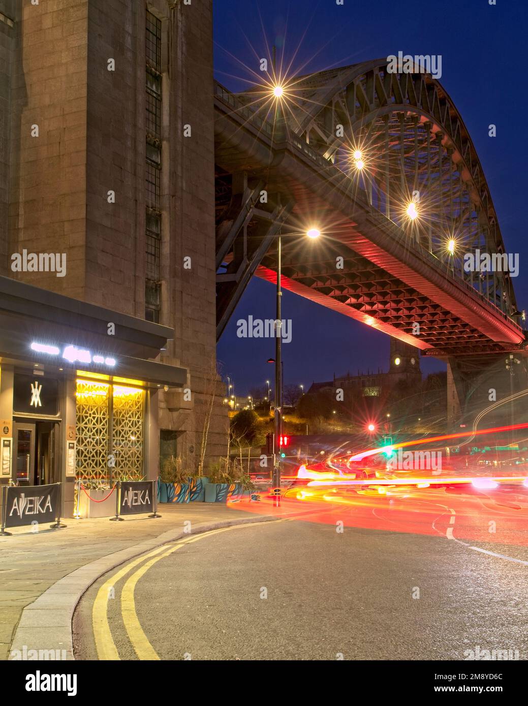 Light trails flow around Sandhill onto Quayside in Newcastle upon Tyne ...