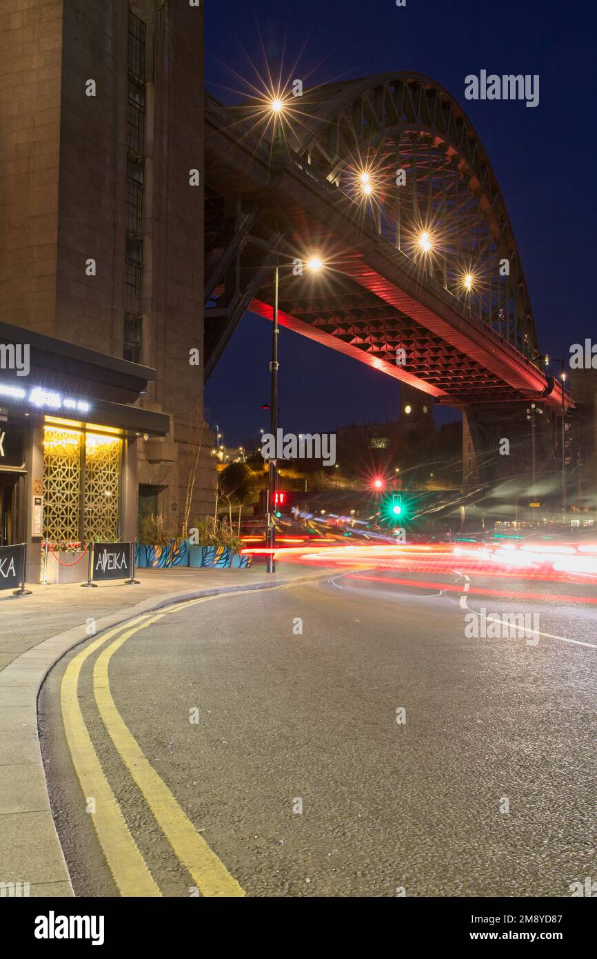 Light trails flow around Sandhill onto Quayside in Newcastle upon Tyne ...