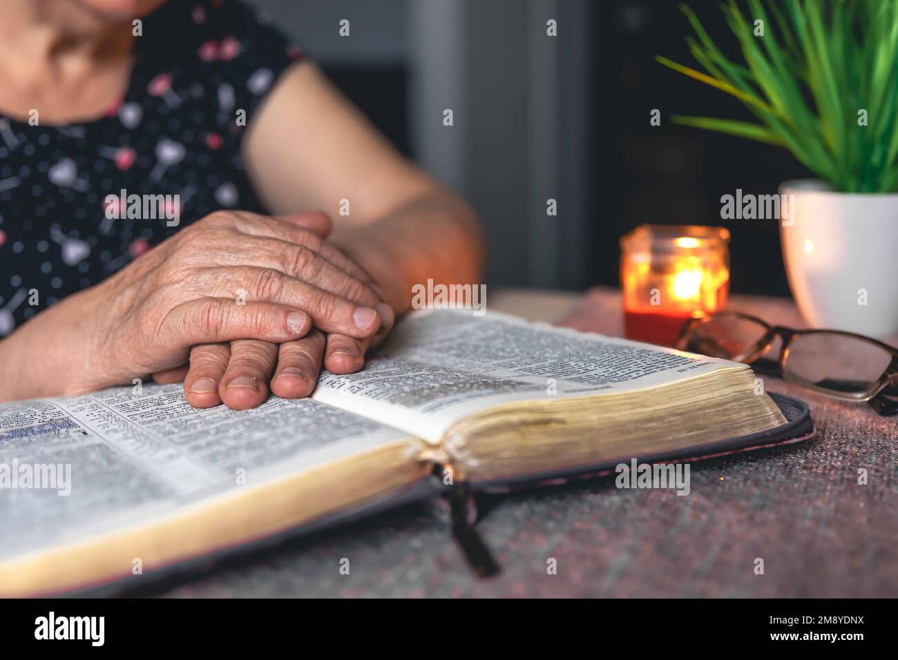Senior female reading bible praying hi-res stock photography and images ...