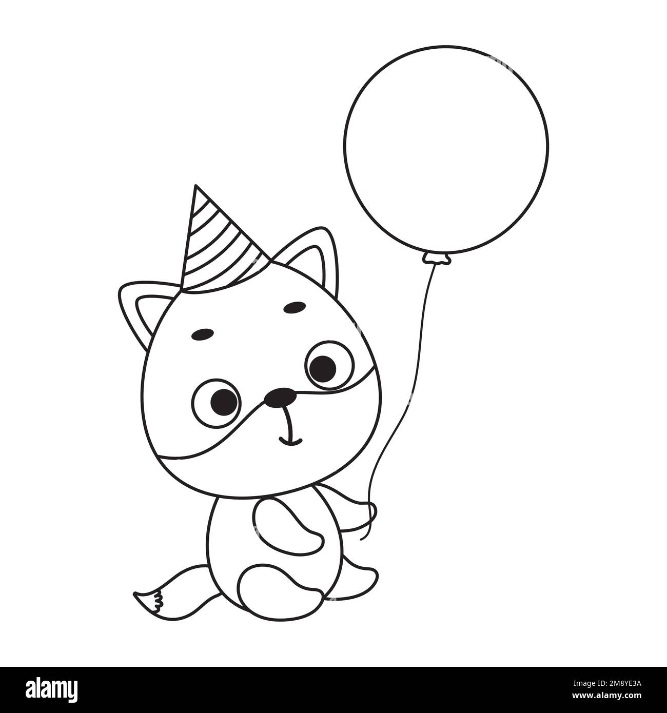 Coloring page cute little fox in birthday hat hold balloon. Coloring ...