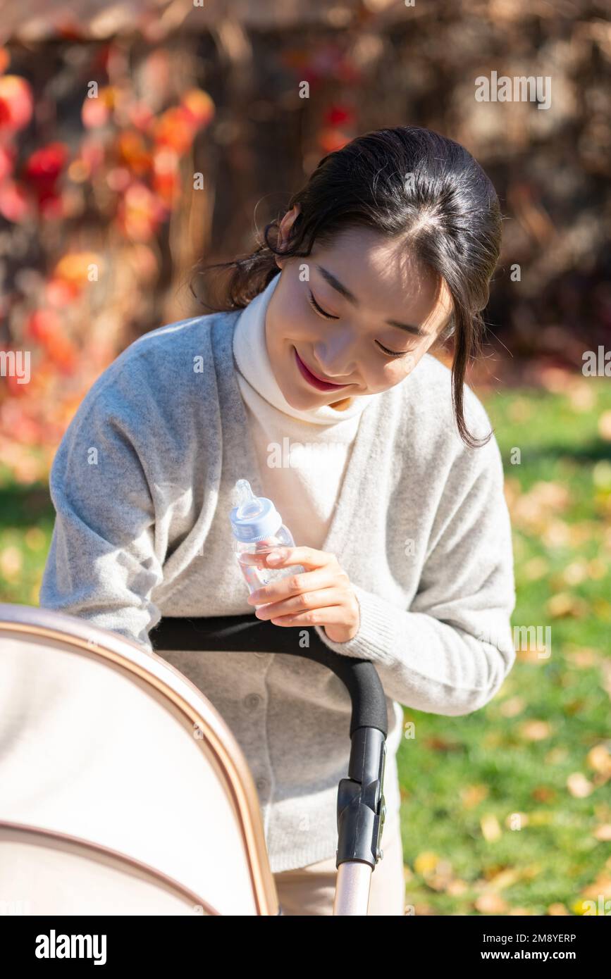 The young mother pushing a stroller for a walk Stock Photo - Alamy