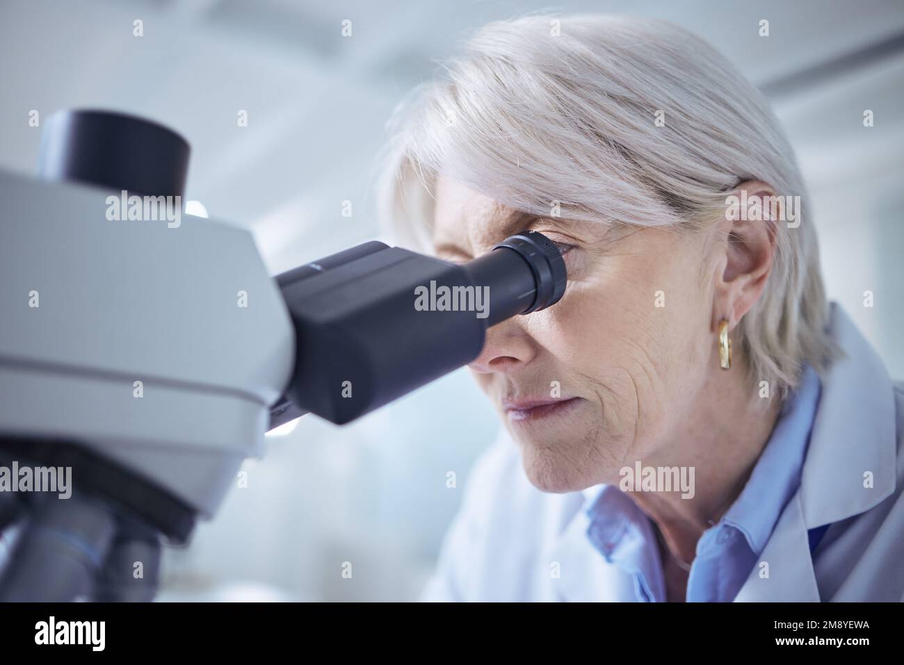 Zooming into new discoveries. a mature scientist using a microscope in ...