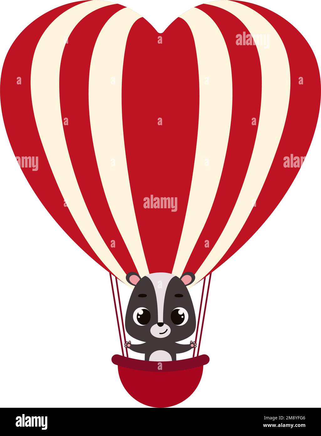 Cute little skunk fly on heart hot air balloon. Cartoon animal ...