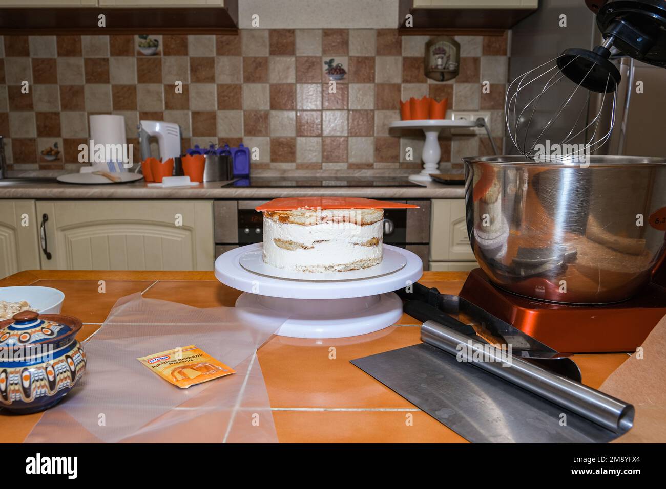 desktop and pastry chef tools at home production Stock Photo - Alamy