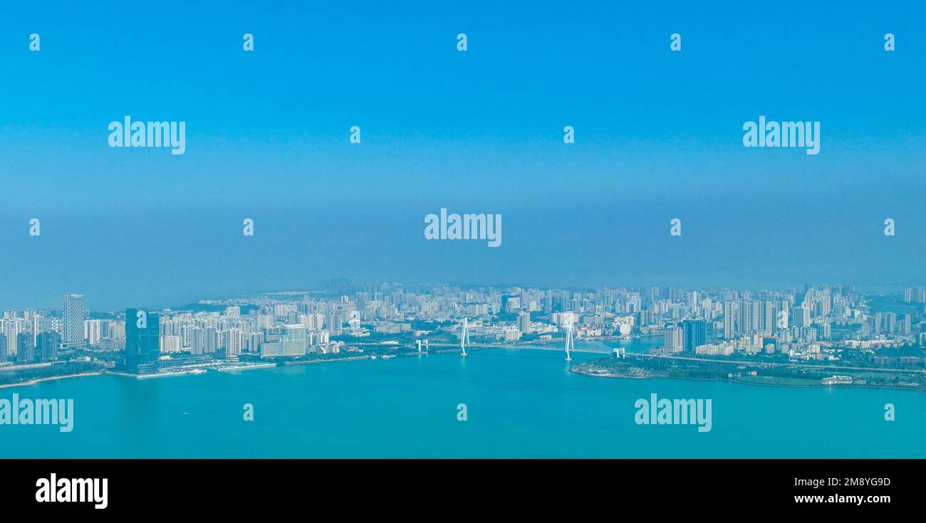 Aerial photo shows the busy container terminal at Haikou Port in Haikou ...