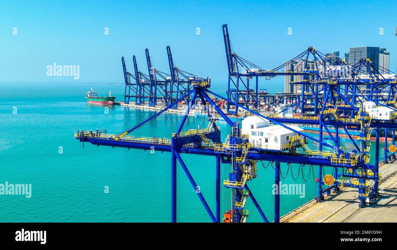 Aerial photo shows the busy container terminal at Haikou Port in Haikou ...