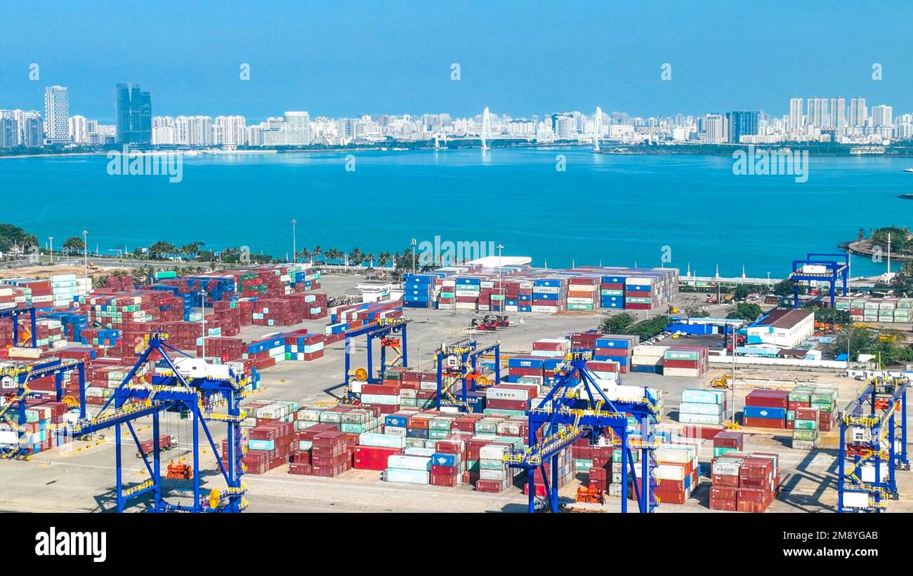 Aerial photo shows the busy container terminal at Haikou Port in Haikou ...