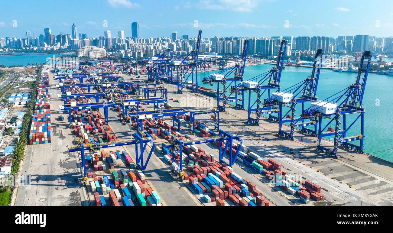 Aerial photo shows the busy container terminal at Haikou Port in Haikou ...