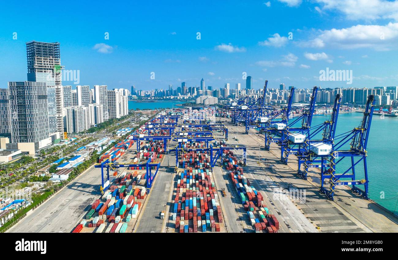 Aerial photo shows the busy container terminal at Haikou Port in Haikou ...
