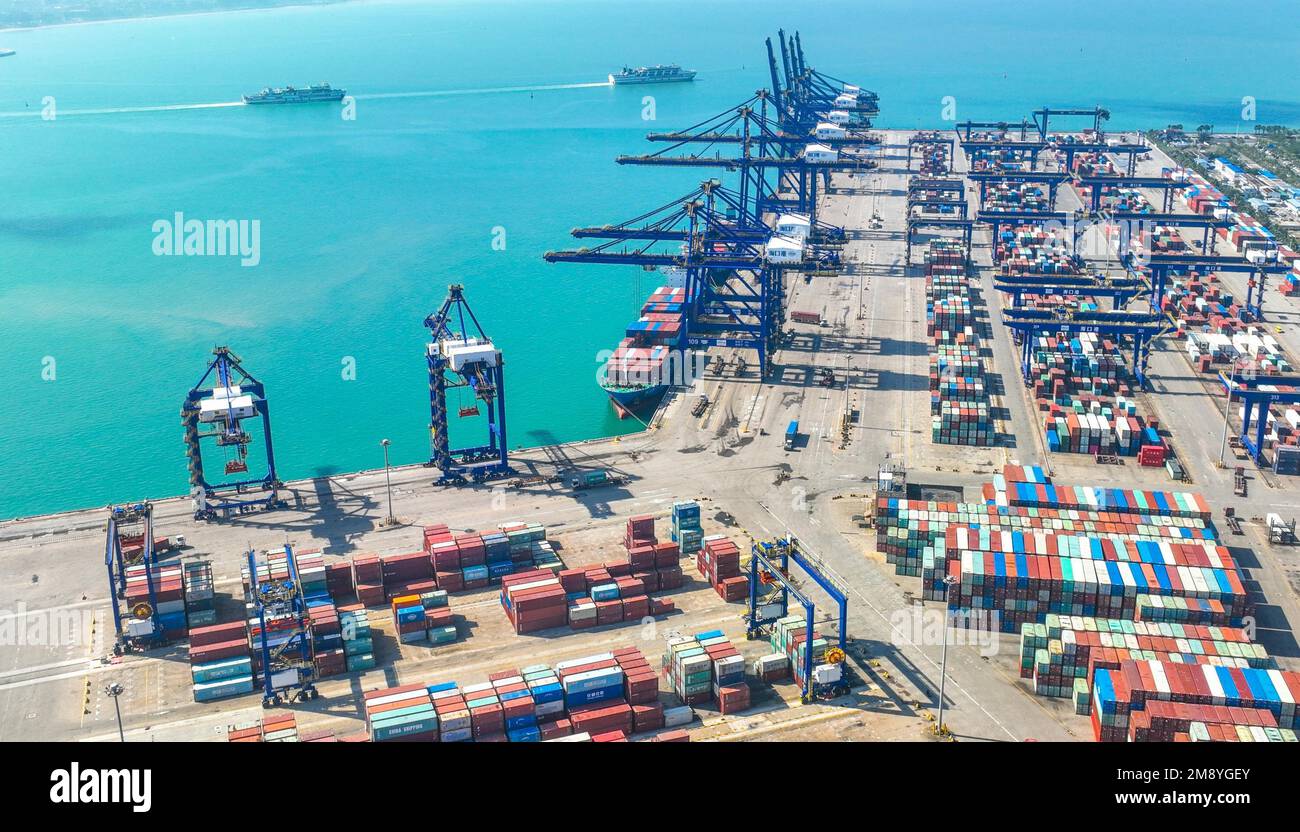 Aerial photo shows the busy container terminal at Haikou Port in Haikou ...
