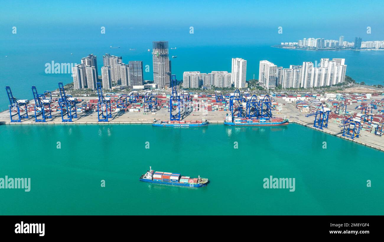 Aerial photo shows the busy container terminal at Haikou Port in Haikou ...