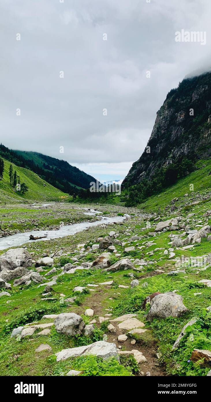 A vertical shot of a stream flowing through the scenic Hampta Pass with ...