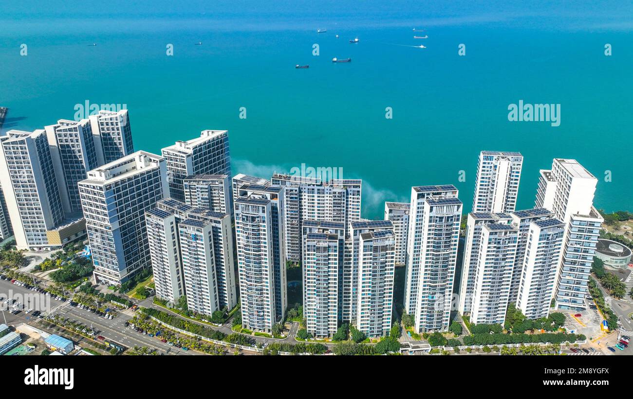 Aerial photo shows the busy container terminal at Haikou Port in Haikou ...
