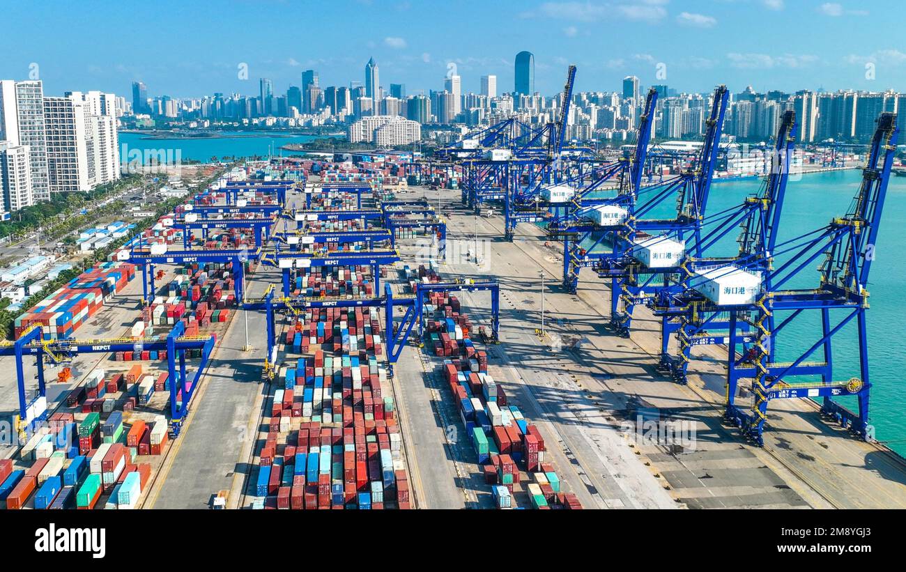 Aerial photo shows the busy container terminal at Haikou Port in Haikou ...