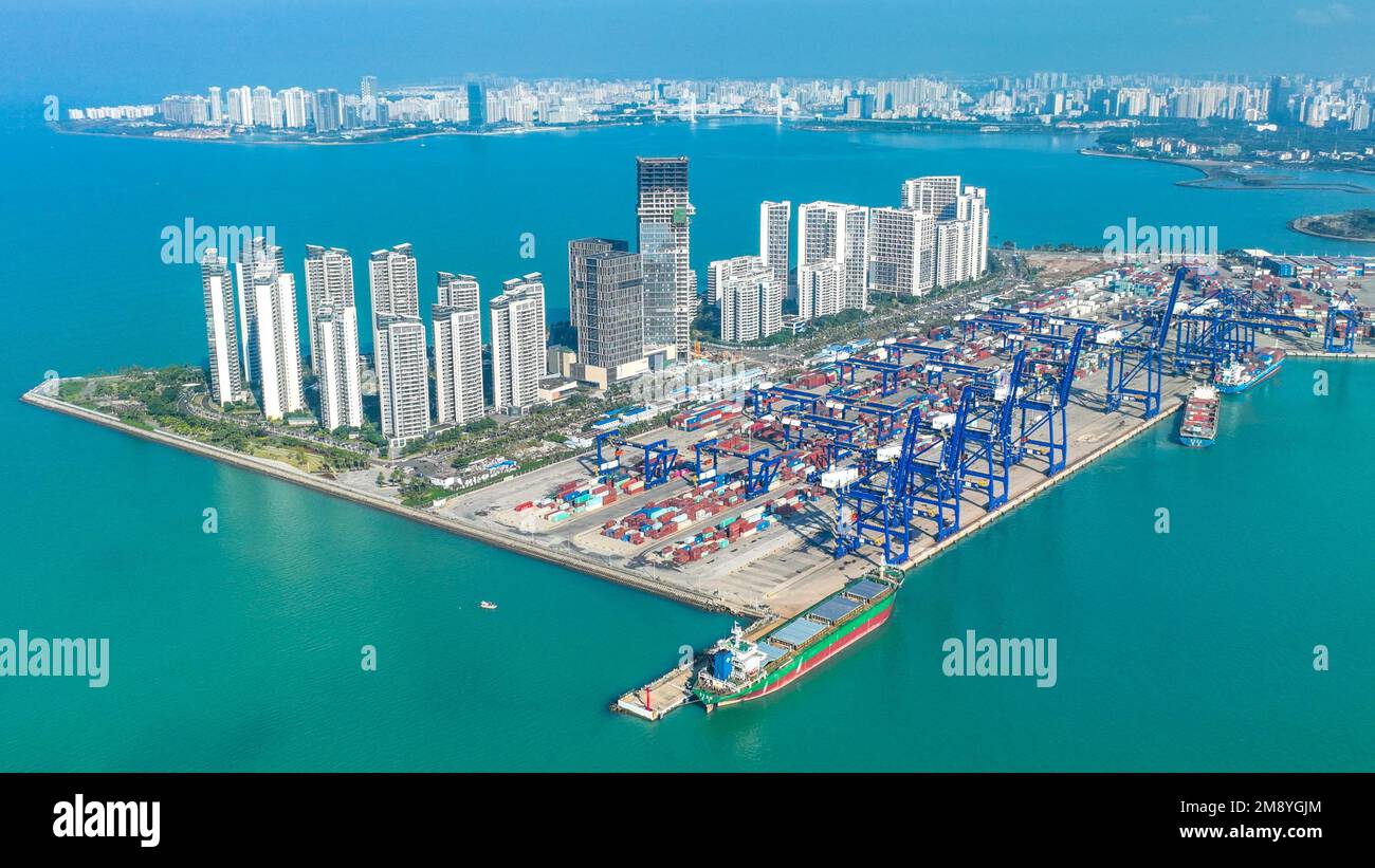 Aerial photo shows the busy container terminal at Haikou Port in Haikou ...