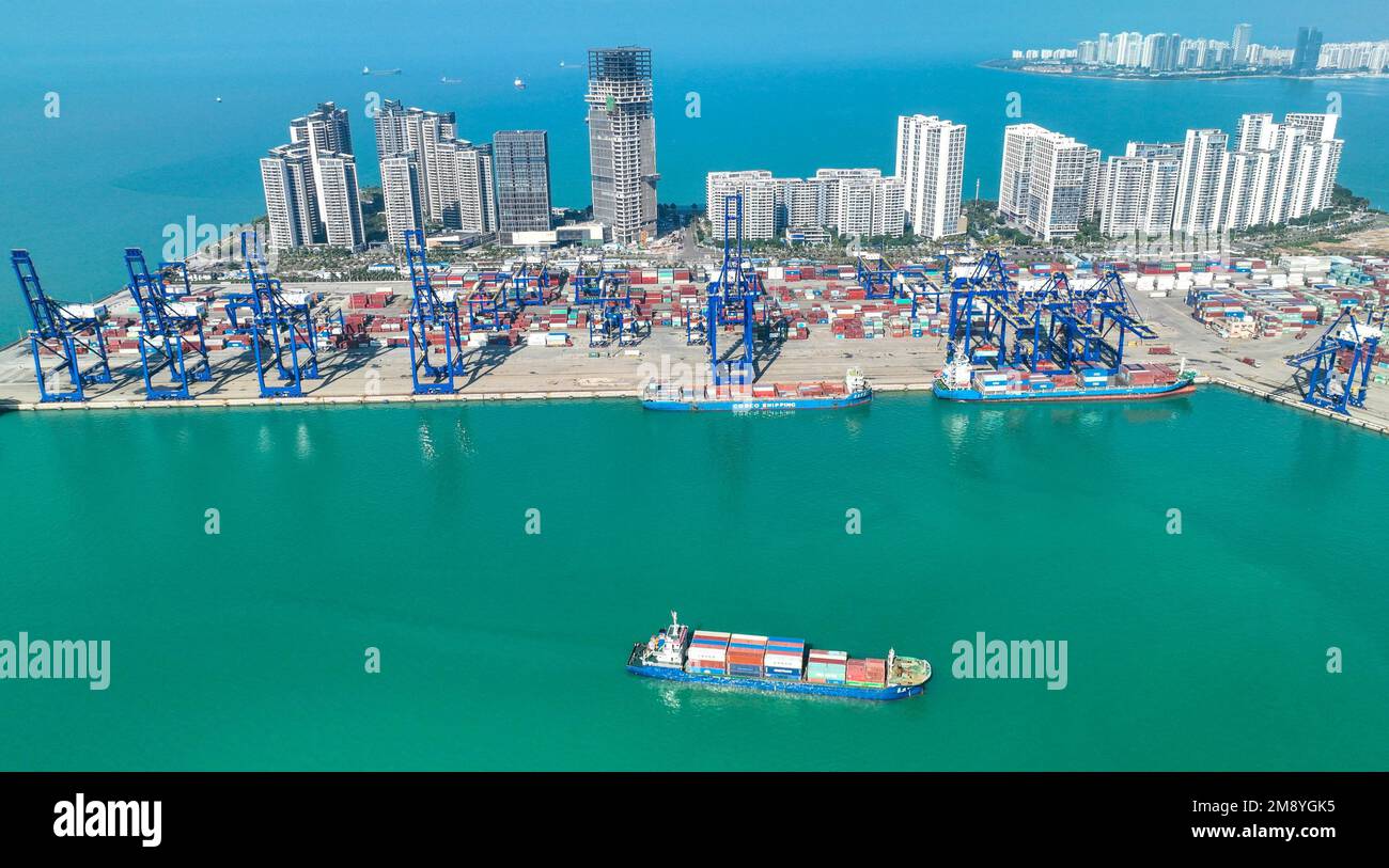Aerial photo shows the busy container terminal at Haikou Port in Haikou ...