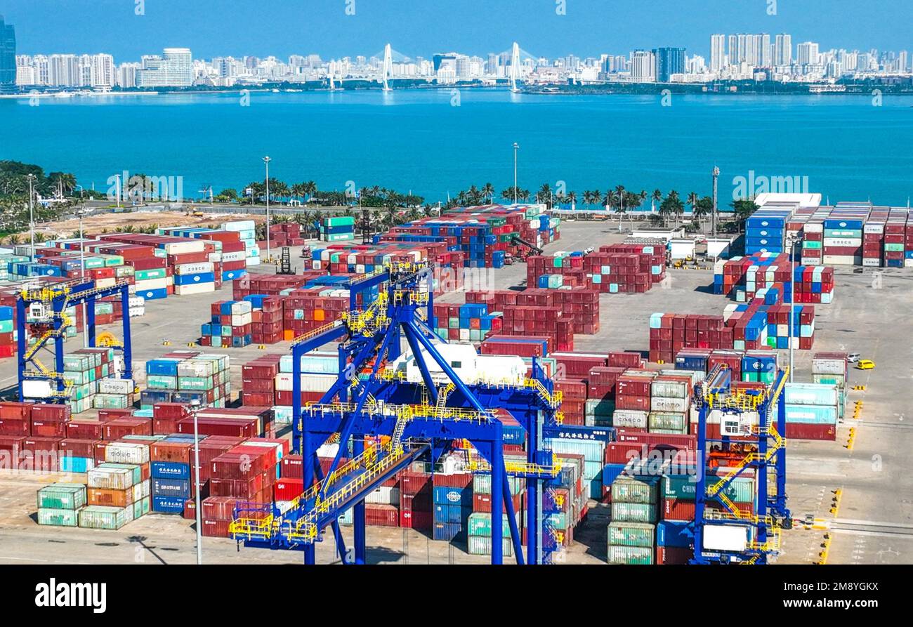 Aerial photo shows the busy container terminal at Haikou Port in Haikou ...