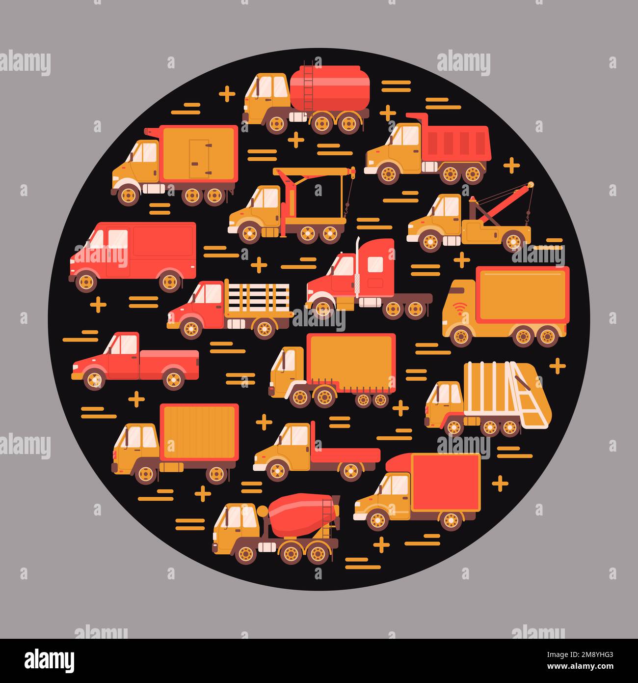 Trucking industry round concept with different types of trucks in flat ...