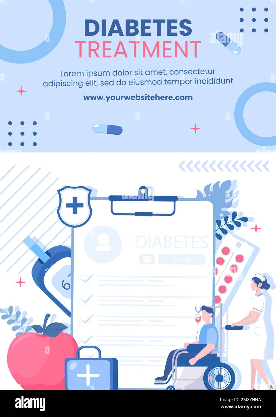 Diabetes Testing Healthcare Flyer Flat Cartoon Hand Drawn Templates