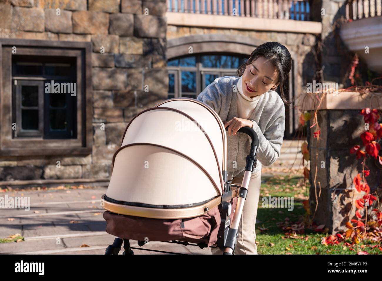 Young mother pushing a stroller for a walk Stock Photo - Alamy