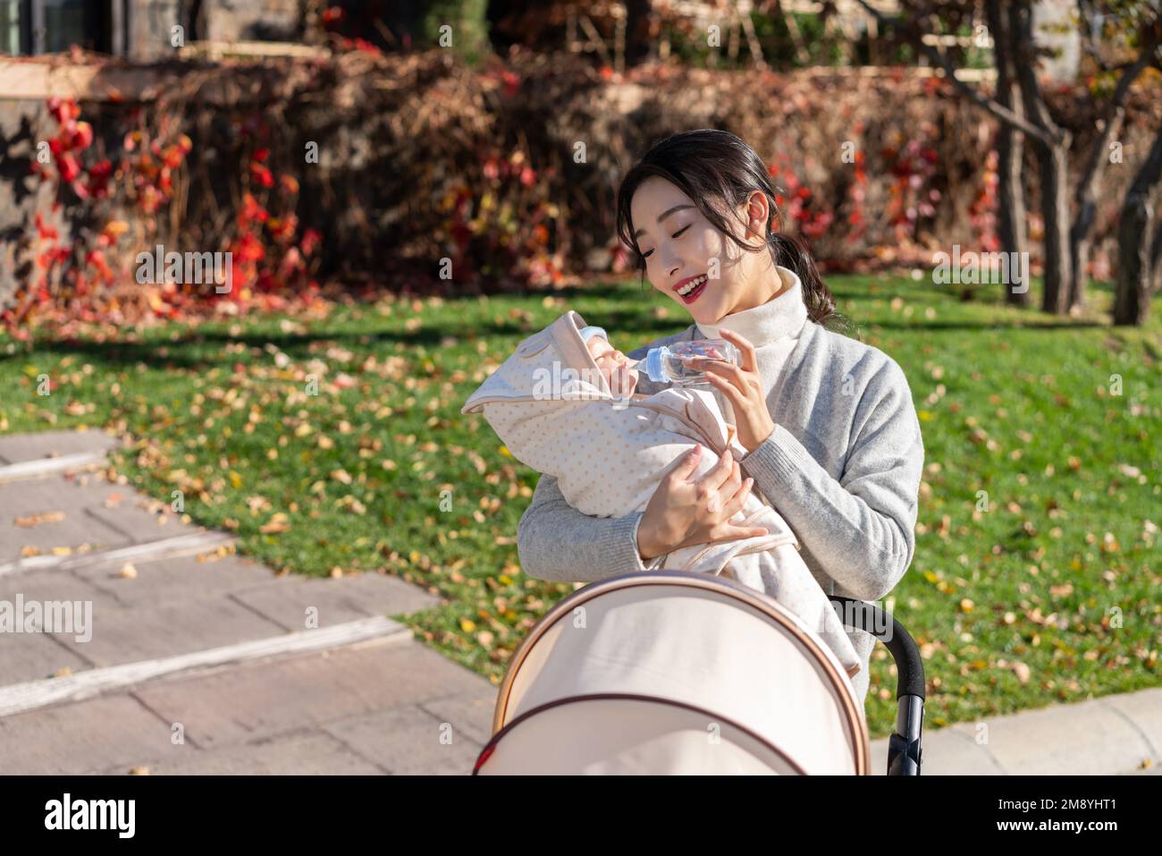 Young mother pushing a stroller for a walk Stock Photo - Alamy