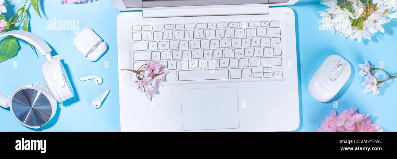 Spring office workplace, blogging flat lay background. White laptop ...