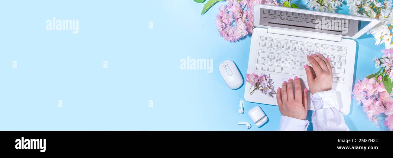 Spring office workplace, blogging flat lay background. White laptop ...