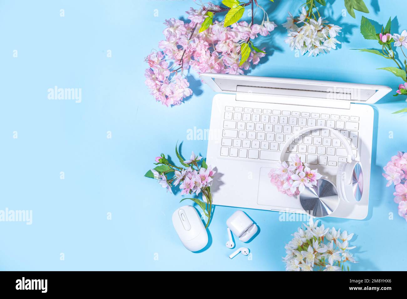 Spring office workplace, blogging flat lay background. White laptop ...