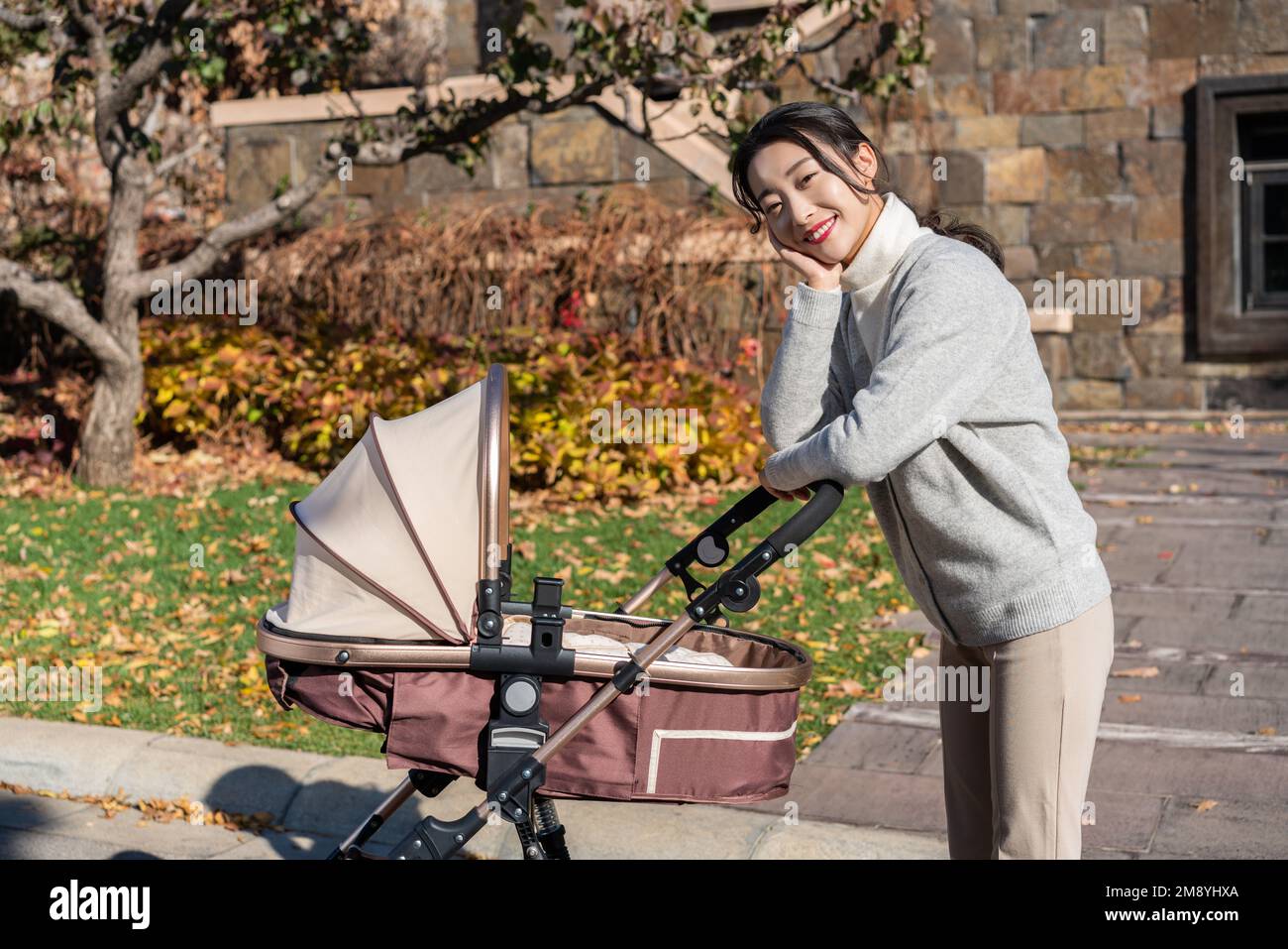 Young mother pushing a stroller for a walk Stock Photo - Alamy
