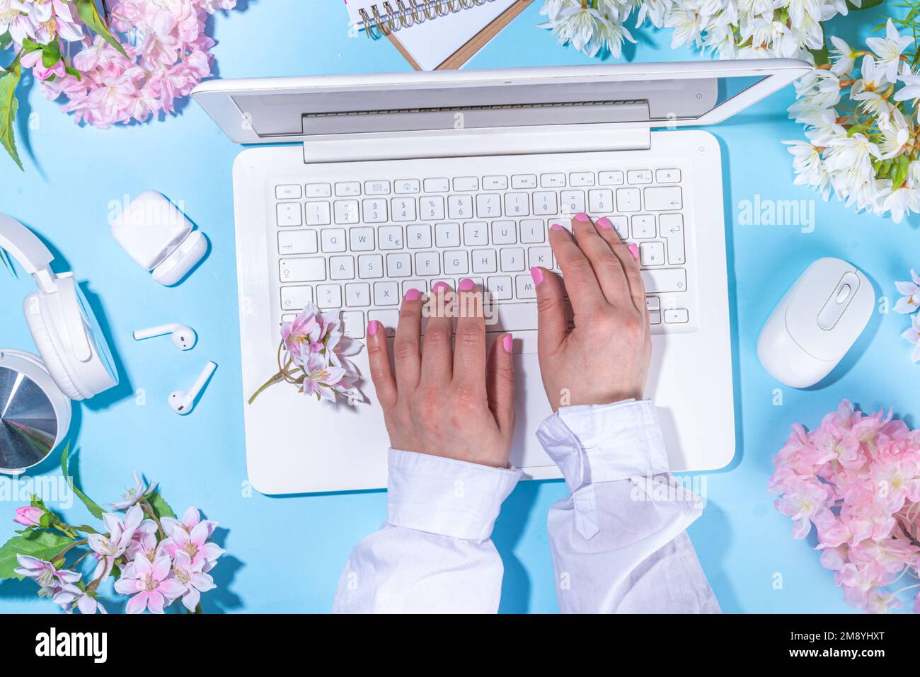 Spring office workplace, blogging flat lay background. White laptop ...