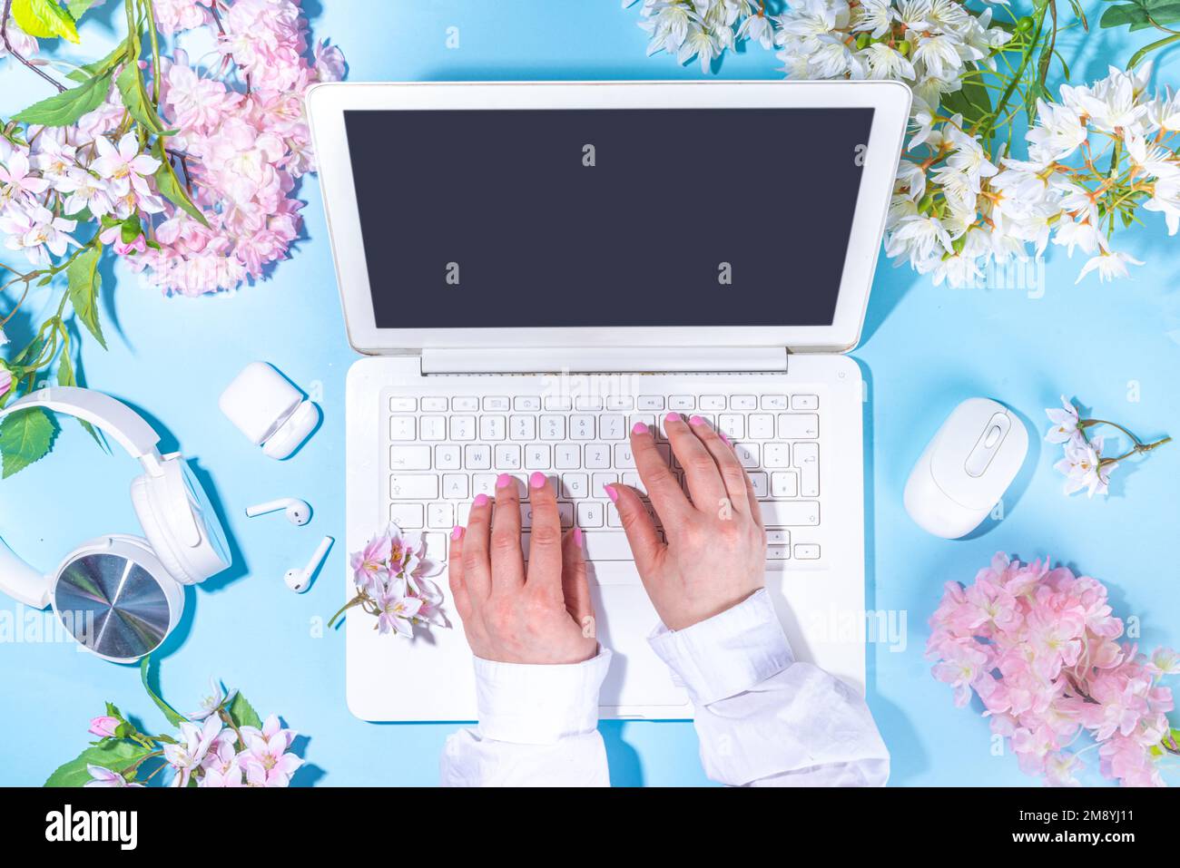Spring office workplace, blogging flat lay background. White laptop ...