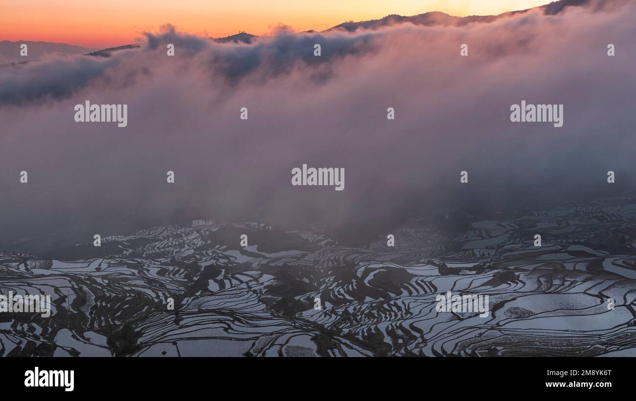 Aerial view of rice terraces at sunrise with clouds Stock Photo - Alamy