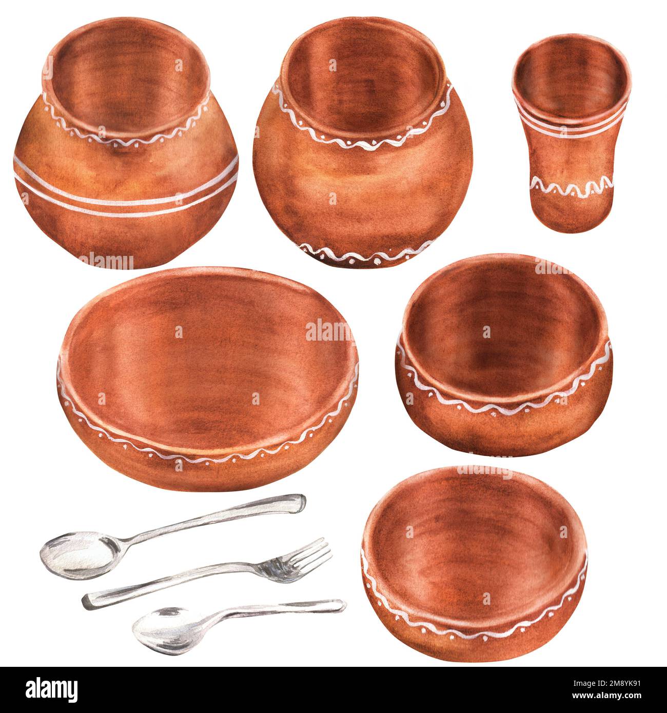 Hand-drawn watercolor set of pottery and cutlery Stock Photo - Alamy