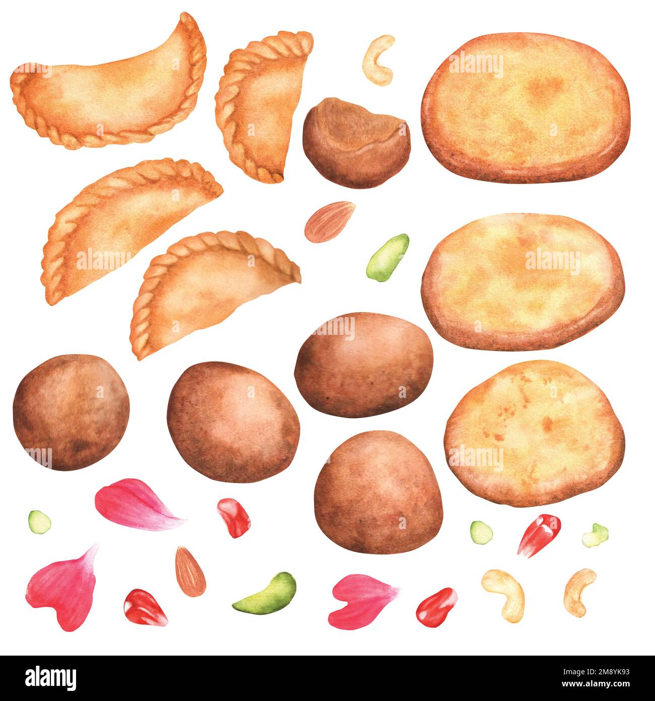 Hand-drawn watercolor set of traditional indian food: ladoo, dahi vada ...