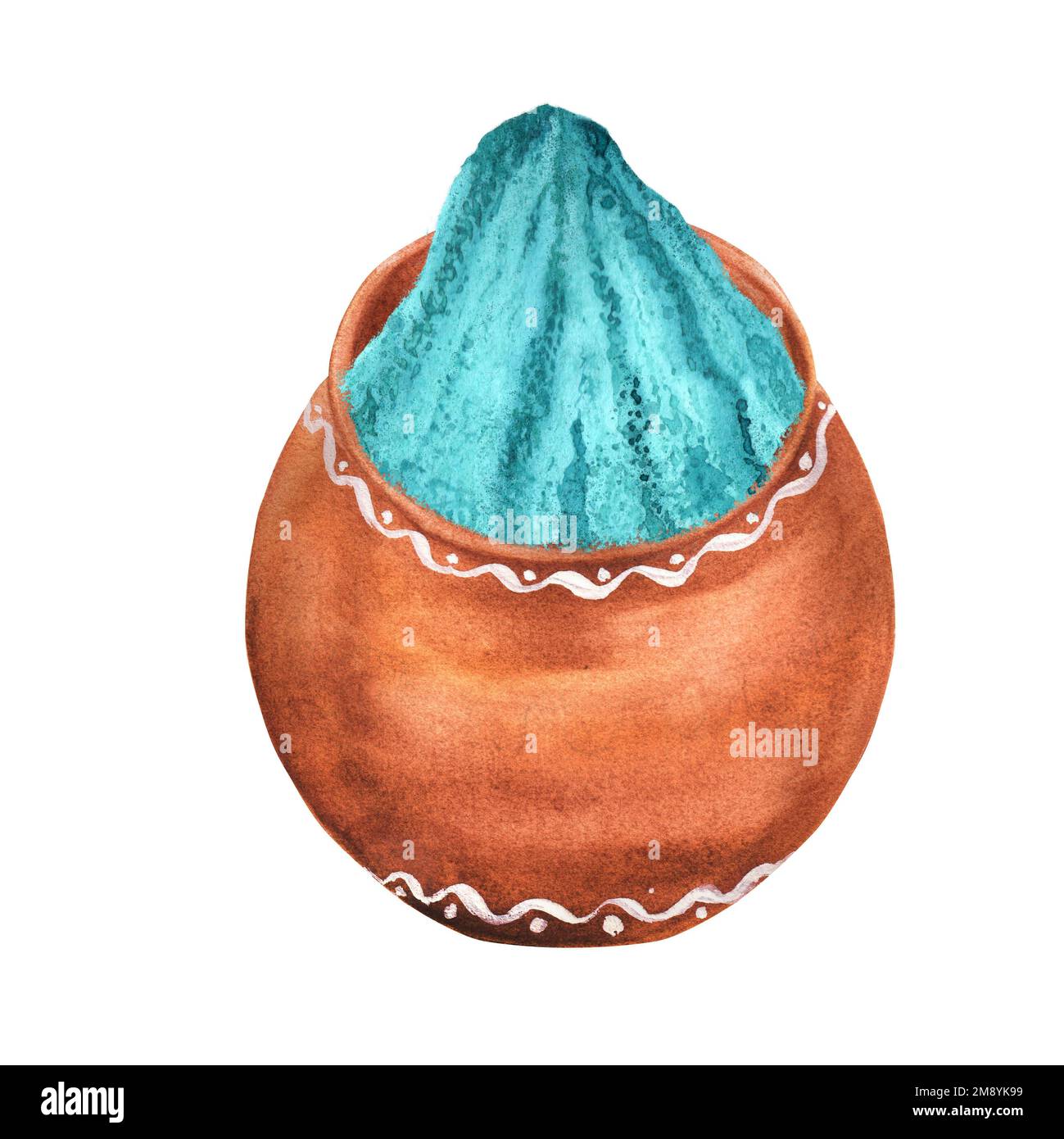 Hand-drawn watercolor blue powder in a clay pot. A part of the big Holi ...