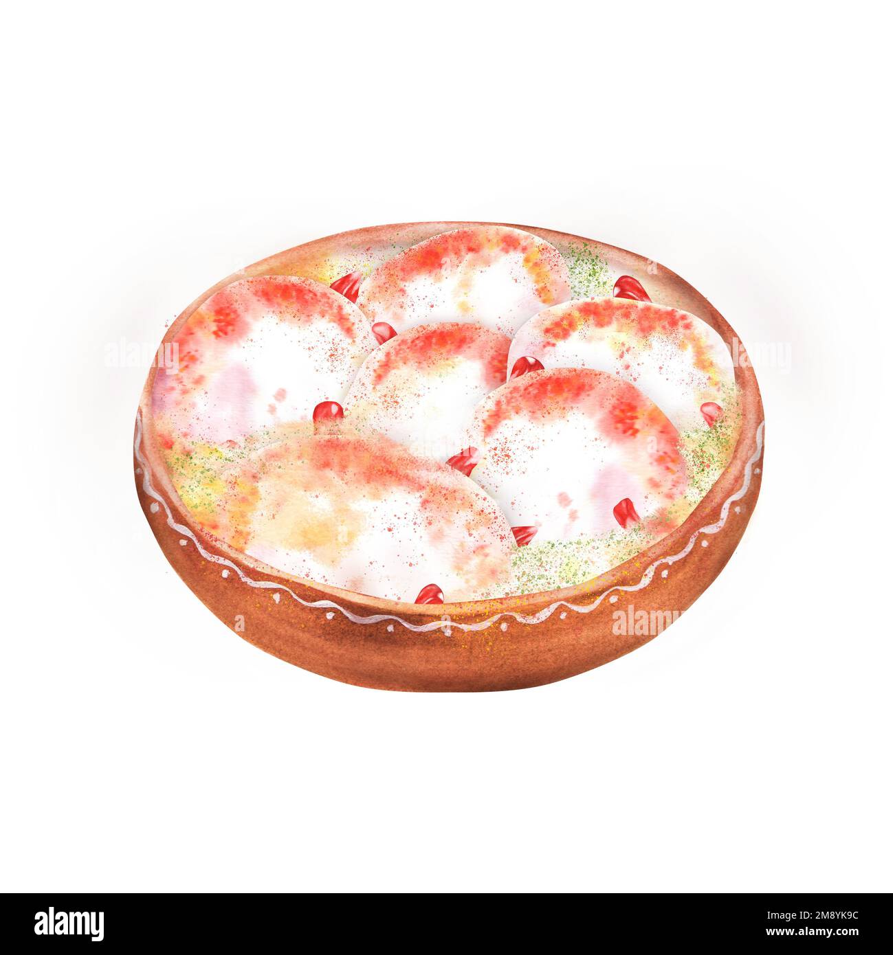 Hand-drawn watercolor indian food dahi vada in a clay bowl. Traditional ...