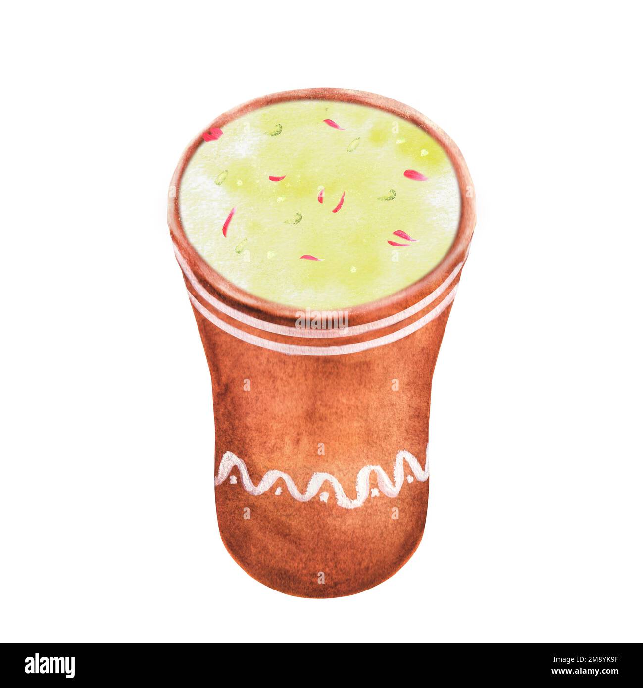 Hand-drawn watercolor thandai drink in a cup. Traditional Holi food. A ...