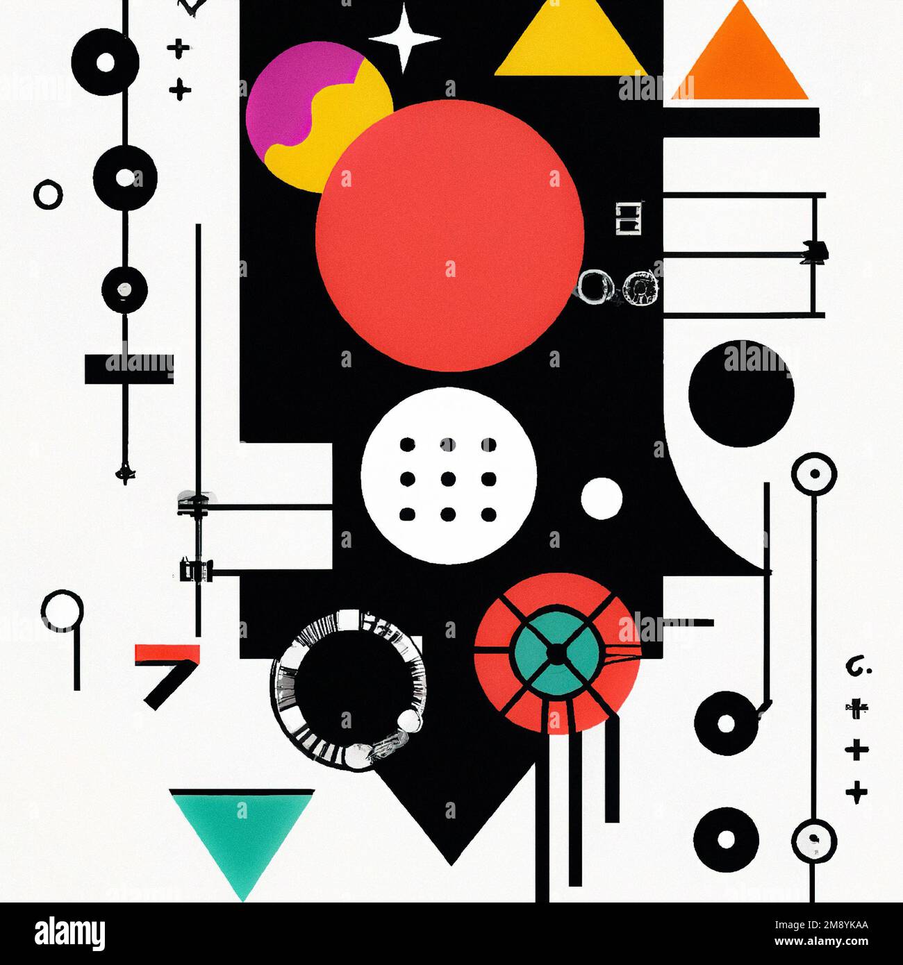 A geometric vertical illustration with different images isolated on the ...