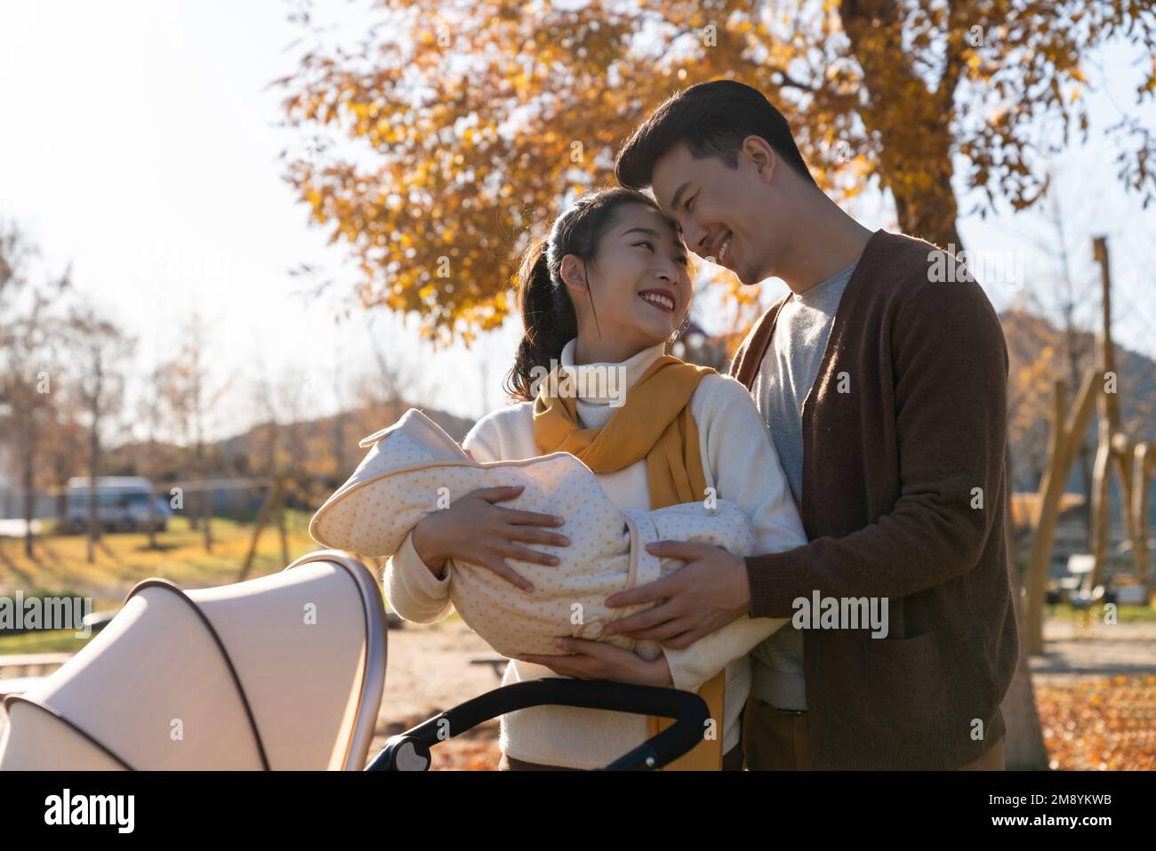 A young couple walk pushing a stroller Stock Photo - Alamy
