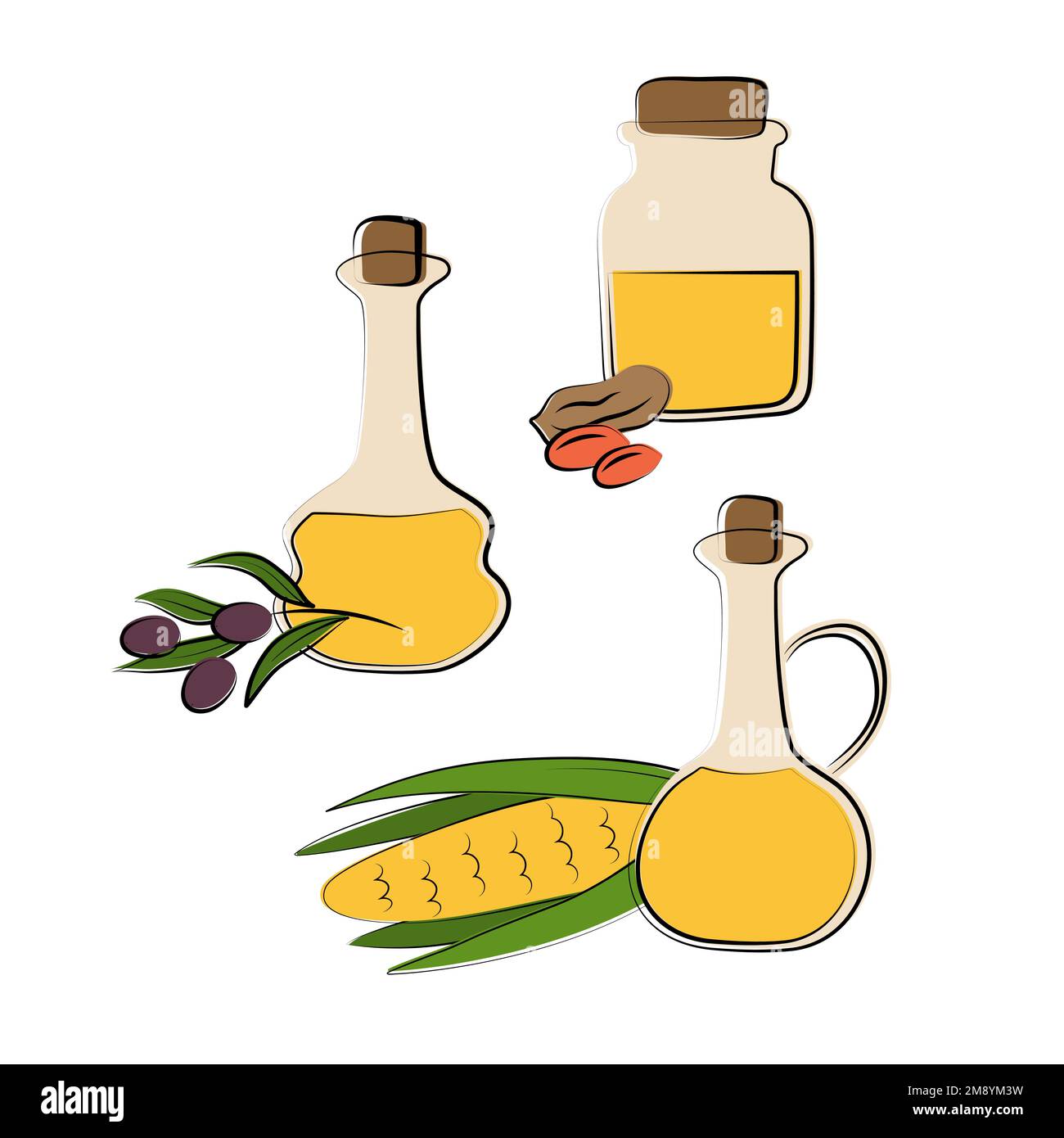 Oil bottle set. Olive peanut corn oil icon. Flat vector illustration ...