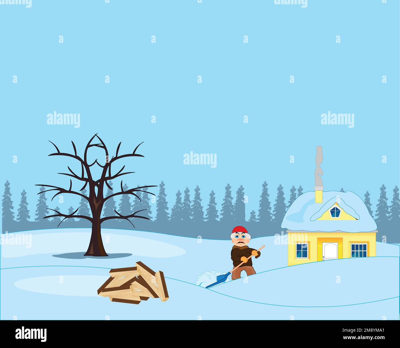 Winter village amongst snow and man with shovel Stock Vector Image ...