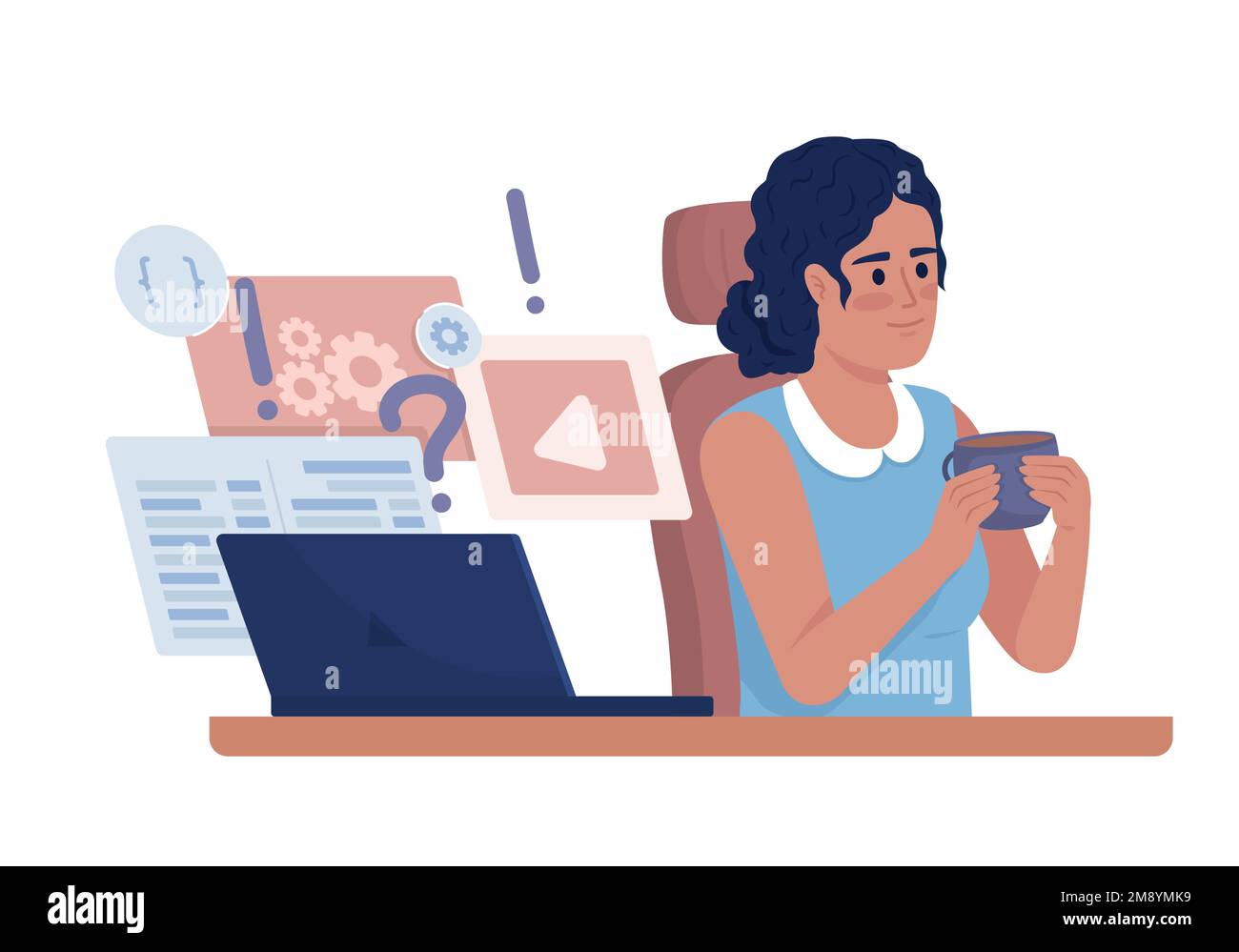 Female freelance developer drinking coffee semi flat color vector ...